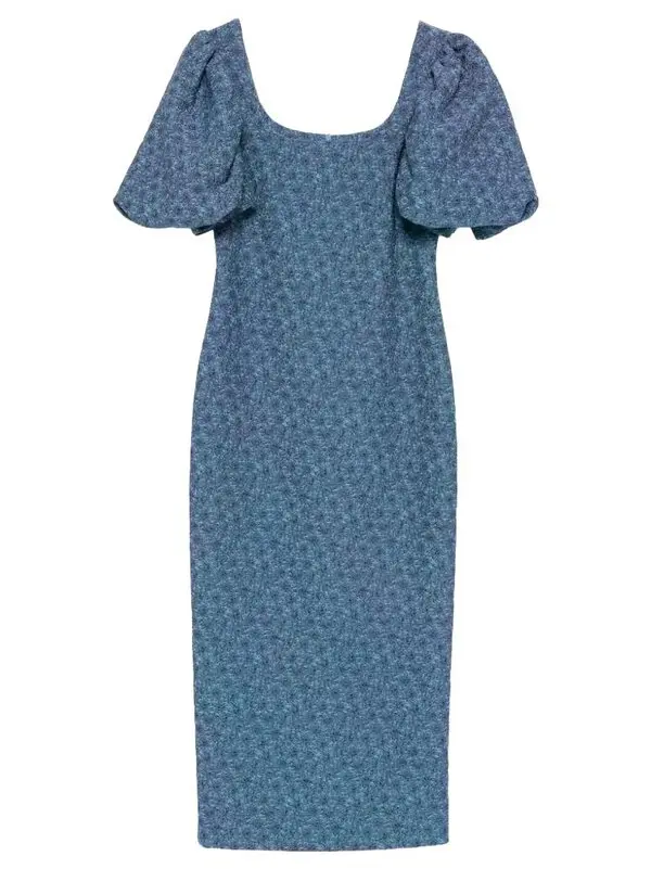 Max Mara Floral-jacquard Puff-sleeve Dress - Blue