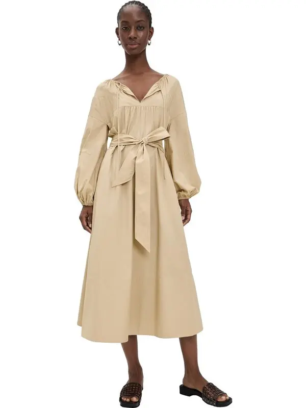 Vince Shirred Cotton Belted Tie-neck Dress - Sand Beige