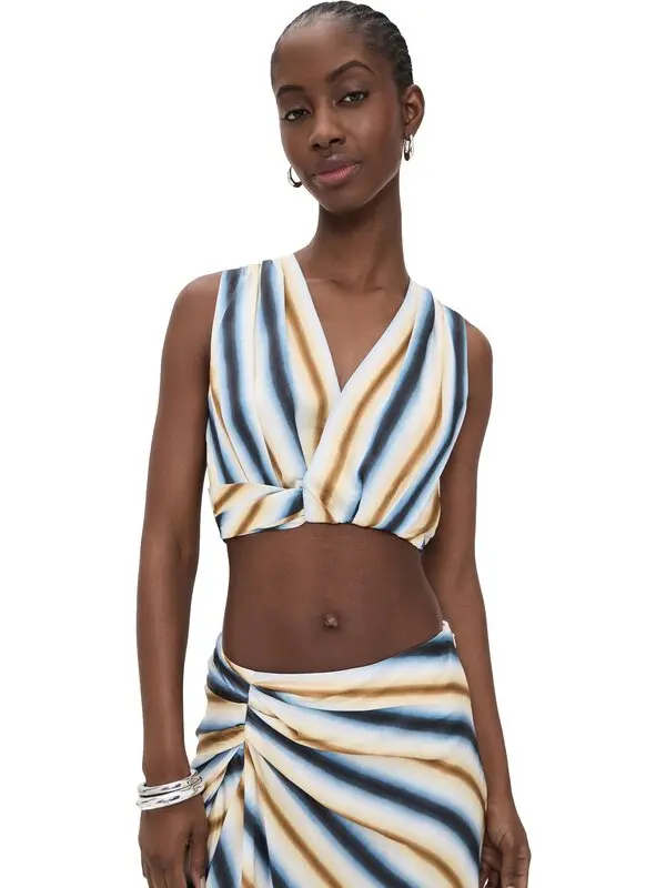 A.L.C. Sleeveless V-neck Striped Twisted Sateen Top - Tahoe Blue/milk Chocolate