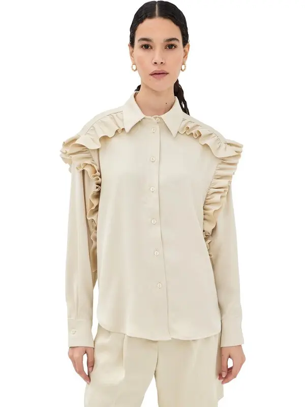 FRENKEN Satin Ruffled Button-down Shirt - Butter