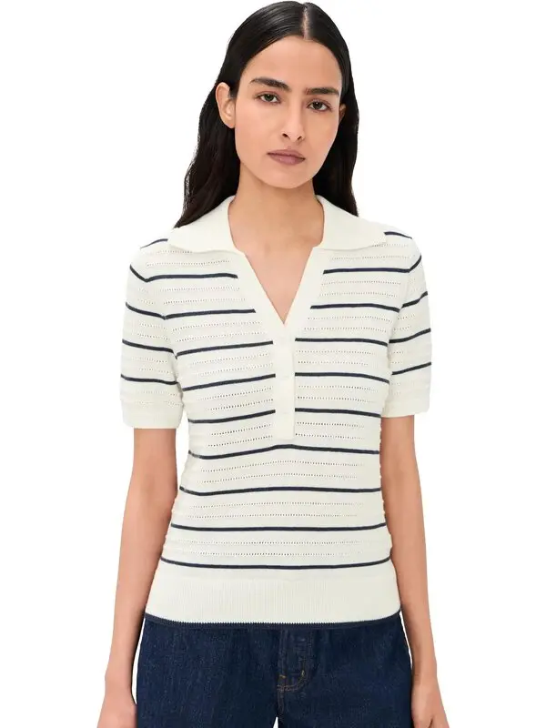 Varley Wren Knit Polo Shirt - White/blue Nights