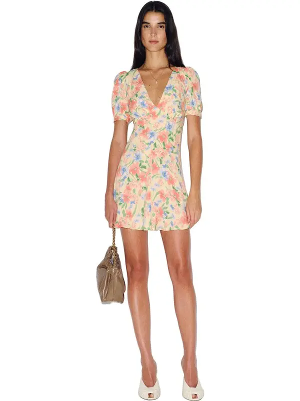 REFORMATION Naira Mini Dress With V-neckline And Puff Sleeves - Yellow
