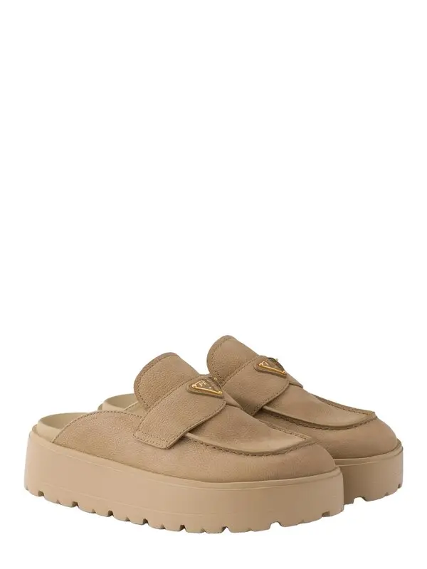 Prada Nubuck Flatform Mules - Neutral