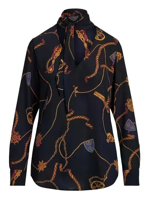 Ralph Lauren Chain-print Tie-neck Blouse - Blue
