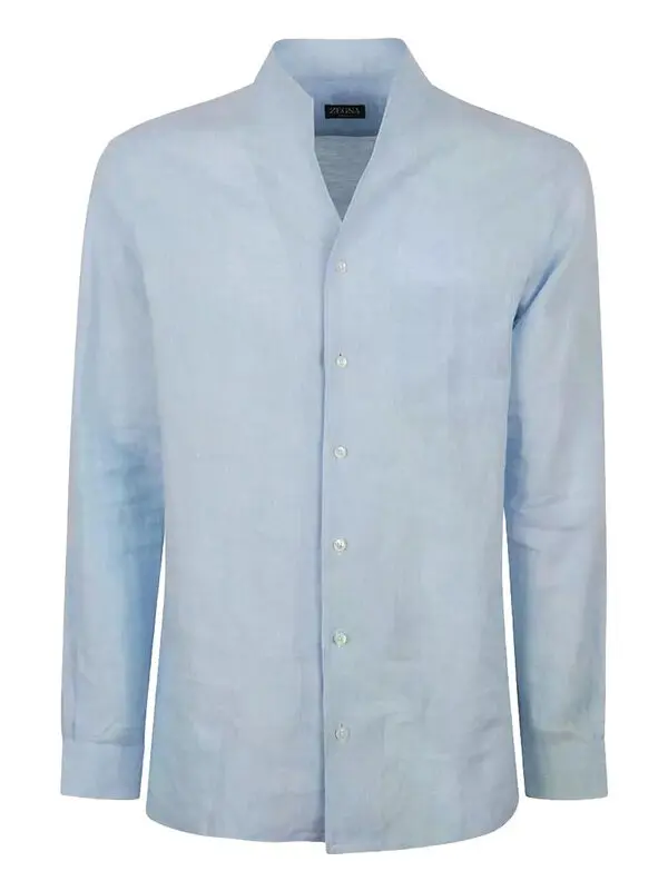 Zegna Band-collar Chest-pocket Shirt - Blue