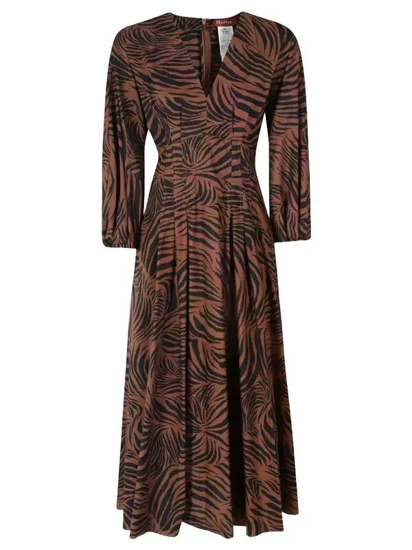 Max Mara Zebra-print V-neck Midi Dress - Brown