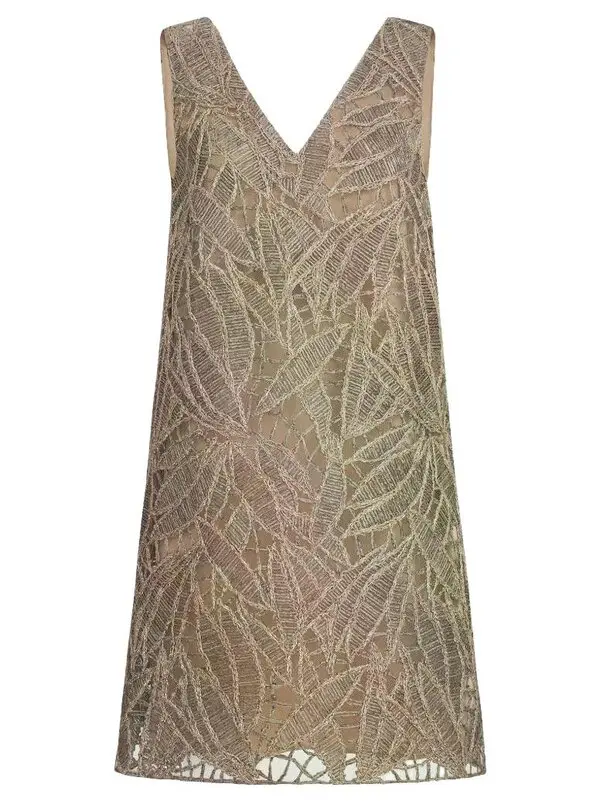Brunello Cucinelli Linen And Cotton Mini Dress With Embroidery - Brown