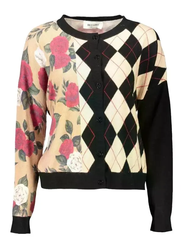 BLUGIRL Floral-print Argyle-panel Cardigan - Neutrals