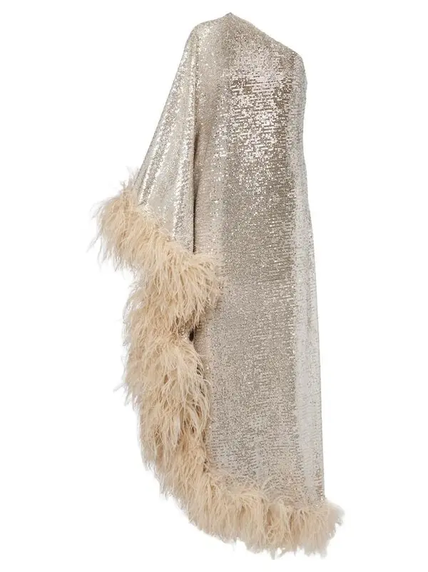 TALLER MARMO Ubud Feather-trimmed Sequined Gown - Grey