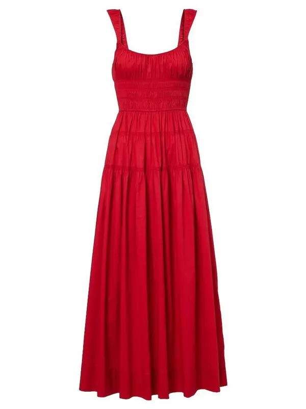 DÔEN Clover Shirred Cotton Poplin Maxi Dress - Red