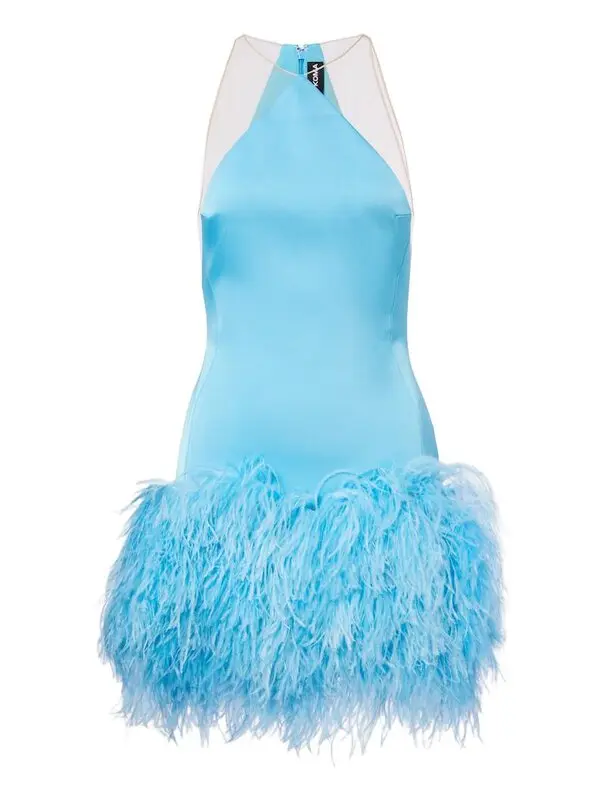 David Koma Feather-trimmed Satin Mini Dress - Blue
