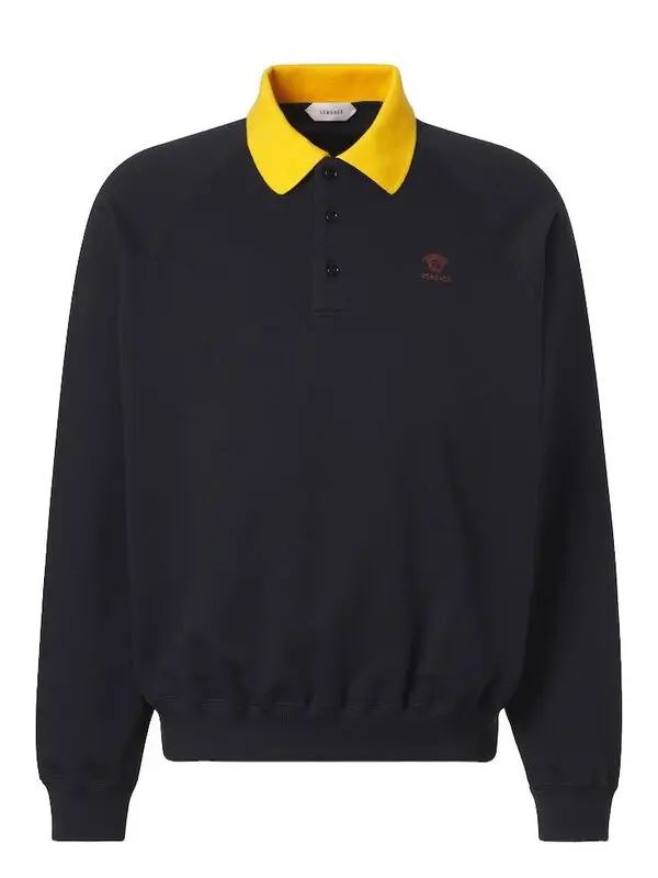 Versace Embroidered Cotton Jersey Polo Sweatshirt - Blue