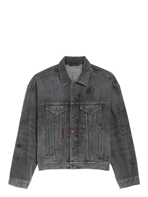Balenciaga Boxy Tattoo Cotton Denim Jacket - Grey & Silver