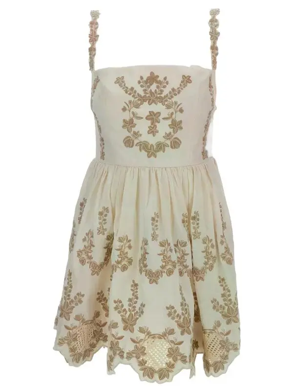 Agua Bendita Embroidered Scalloped-hem Dress - Neutrals