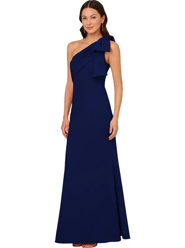 Adrianna Papell Stretch Crepe One Shoulder Mermaid Gown With Bow - Navy Sateen