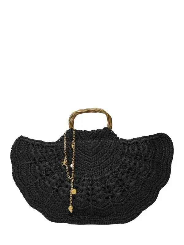 TWINSET Woven Handbag With Gold Tone Hoop Handle And Charm Detail - Black