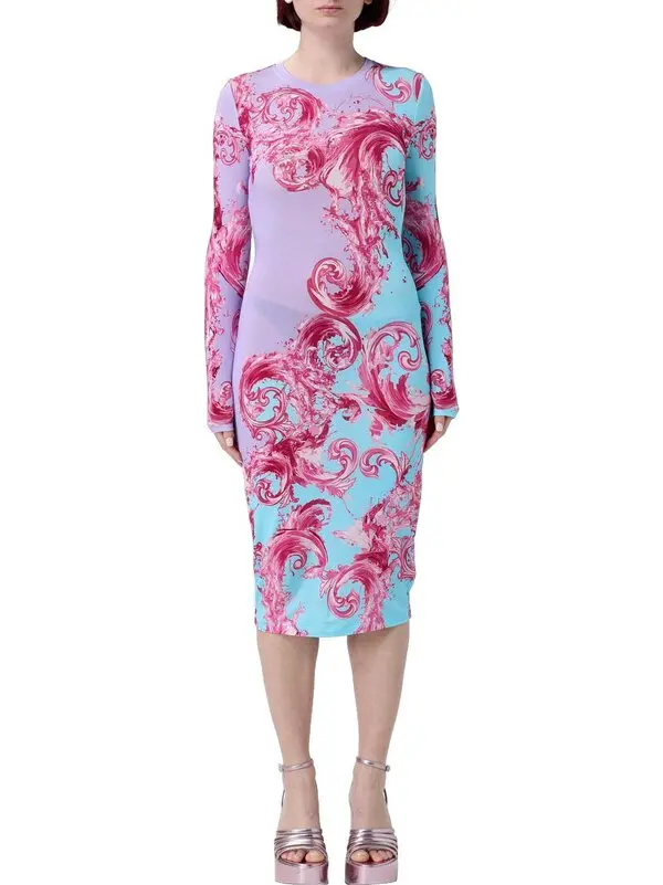 Versace Printed Long Sleeve Midi Dress - Blue