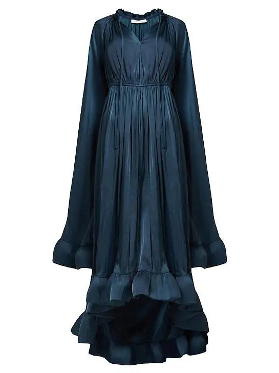 LEEM Cape-sleeve Frilled-hem Woven Maxi Dress - Blue