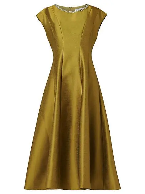 LEEM Crystal-embellished Flared Satin Midi Dress - Green