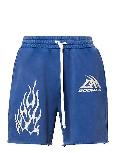 GODMADE Logo Print Raw Edge Cotton-jersey Shorts - Washed Blue