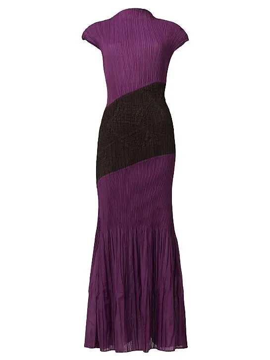 LEEM Pleated Maxi Dress With Asymmetrical Contrast Panel - Purple