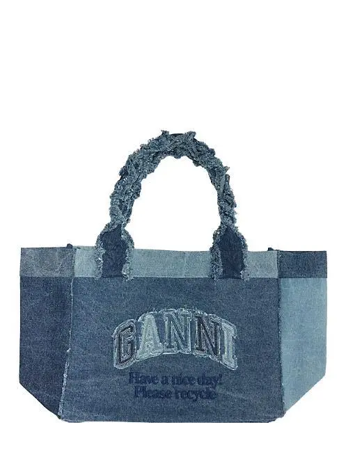 GANNI Trapeze Embroidered-logo Denim Shoulder Bag - Mid Blue Vintage