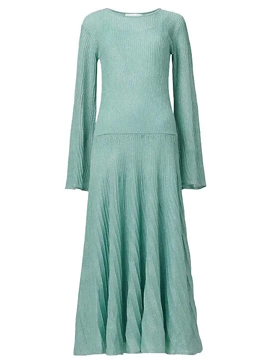 LEEM Pleated Bell-sleeve Metallic-knit Maxi Dress - Blue