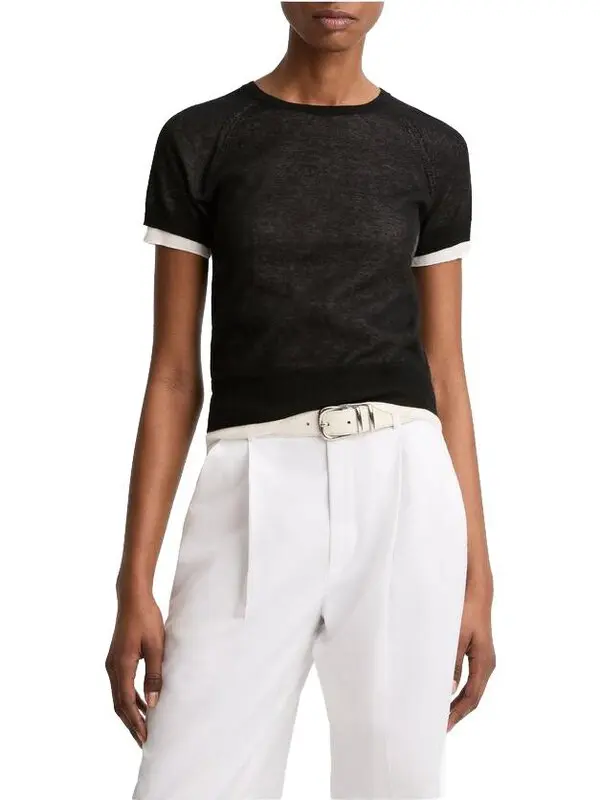 Vince Italian Cotton-blend Double-layer Raglan-sleeve Sweater - Black