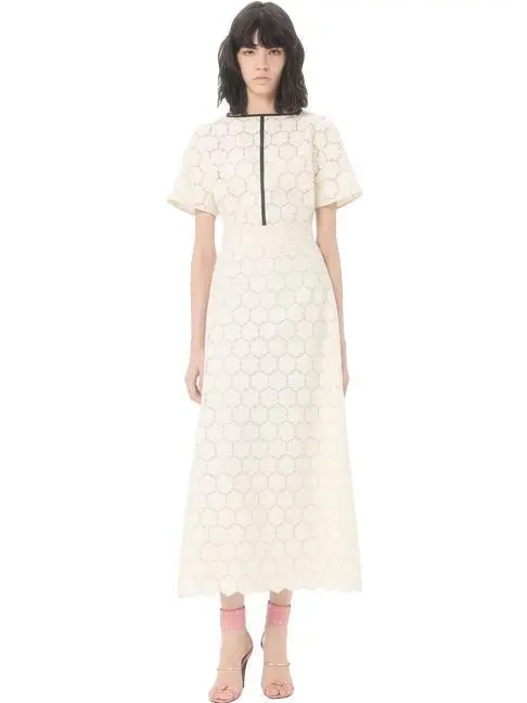 Valentino Garavani Midi Dress In Fleurs À Jours Cotton - Black