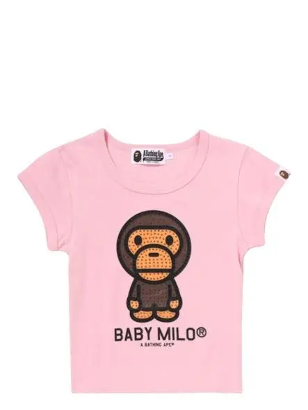A BATHING APE Baby Milo Crystal Stone Cropped Tee - Pink