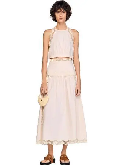 Sandro Maxi Cotton Skirt With Lace Trim - Pink