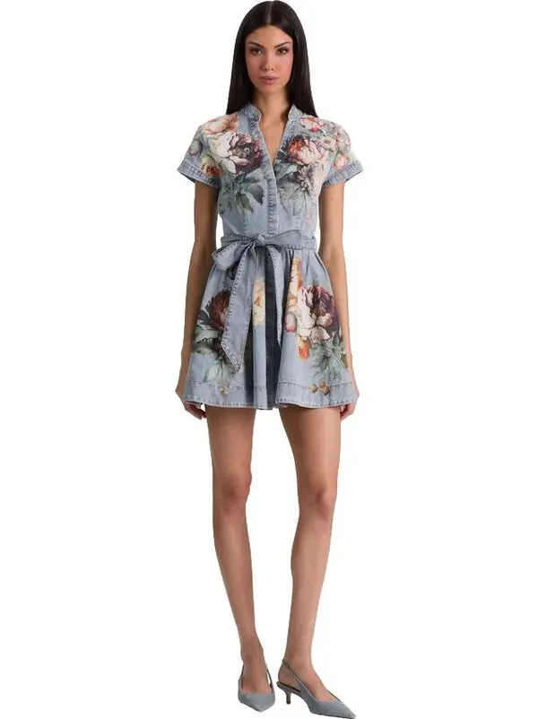 Alice + Olivia Lucy Mini Shirt Dress With Floral Appliques - Denim