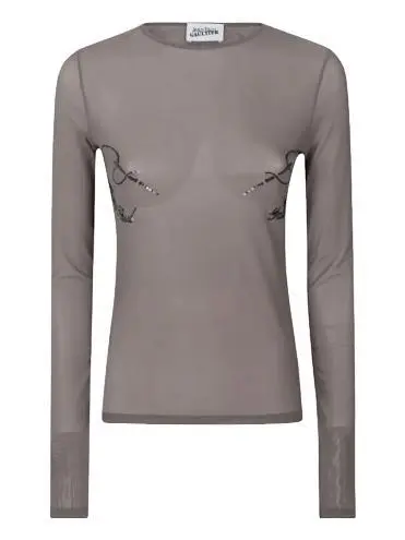 JEAN PAUL GAULTIER Mesh Crewneck Top With Embroidered Sleeves - Darkgrey