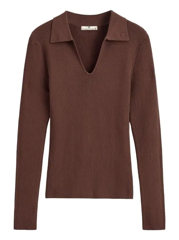 VICTORIA PAULSEN Samantha Long Sleeve Knit Polo - Brown