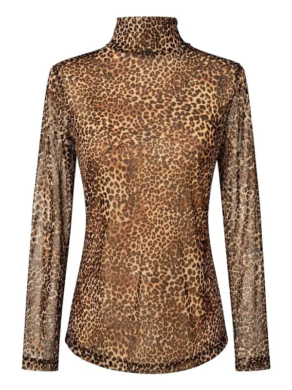 OH!ZUZA NIGHT&DAY Sheer Leopard Print Mesh Turtleneck Top - Brown/black