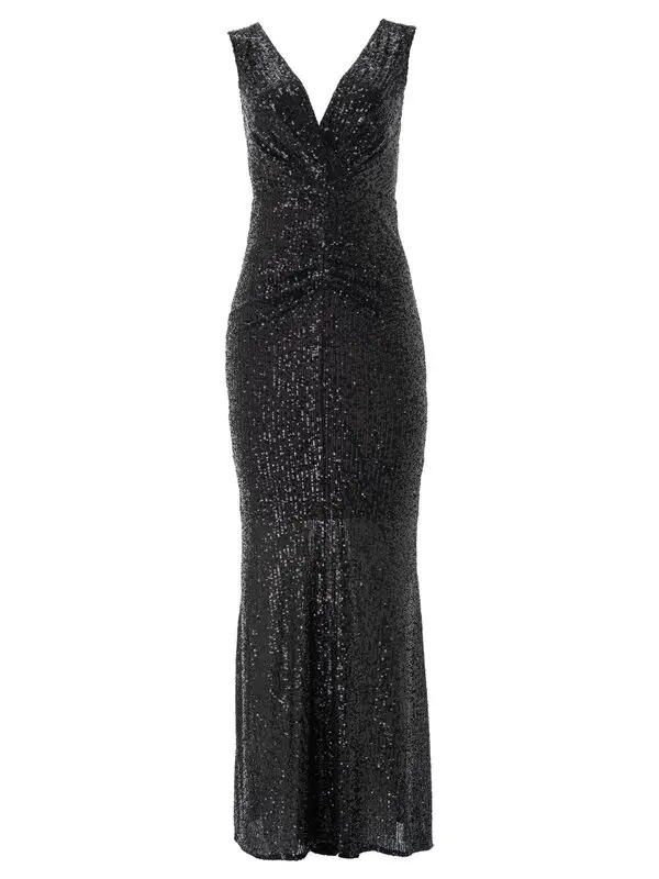 LITA COUTURE Sequin V-neck Floor-length Dress - Black