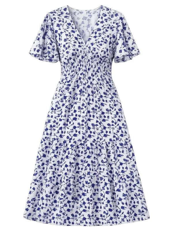 YUMI Floral Ruched Waist Midi Dress - Blue