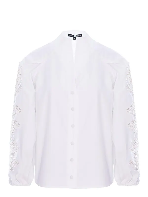 IZABELA MANDOIU Button-up Shirt With Embroidered Bishop Sleeves - White