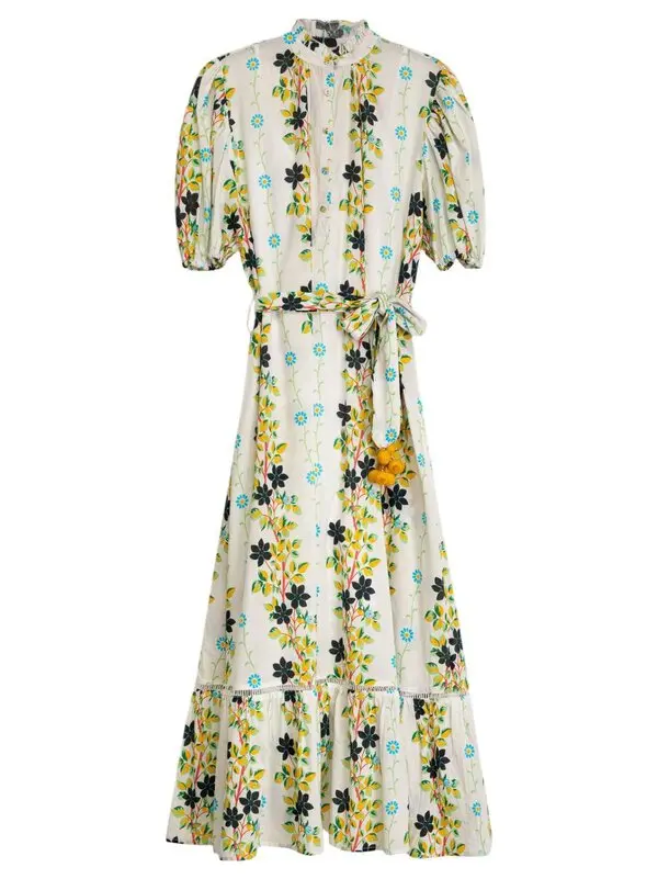 NIZA Long Puff Sleeve Floral Print Maxi Dress - White/blue/yellow