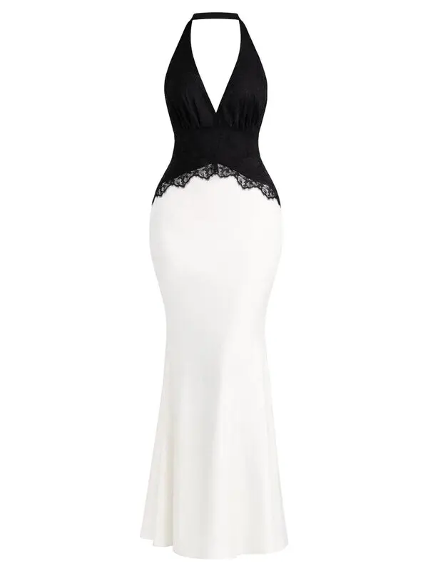 ICON LEVA Adel Lace And Satin Halter Maxi Dress - Black/white