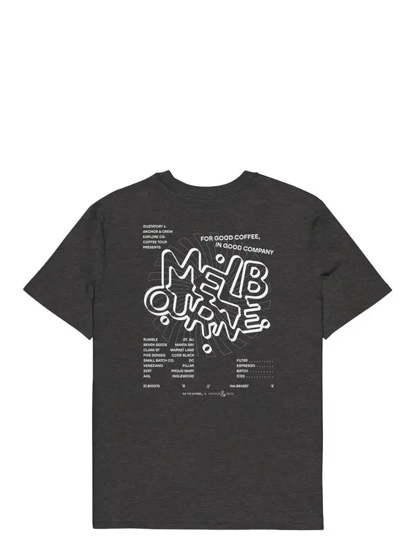 ANCHOR & CREW Heather Gustatory Melbourne Coffee Scene Organic Cotton Embroidered T-shirt - Black