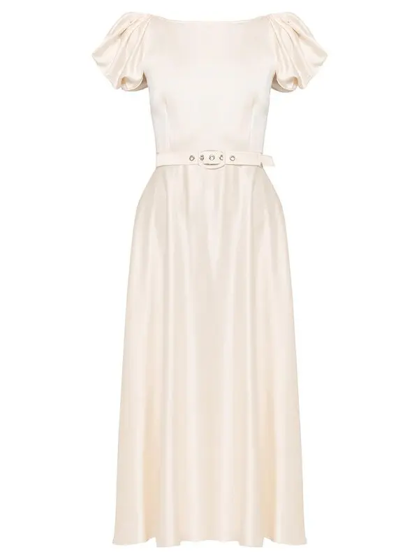 NISSA Belted Viscose Midi Dress - White
