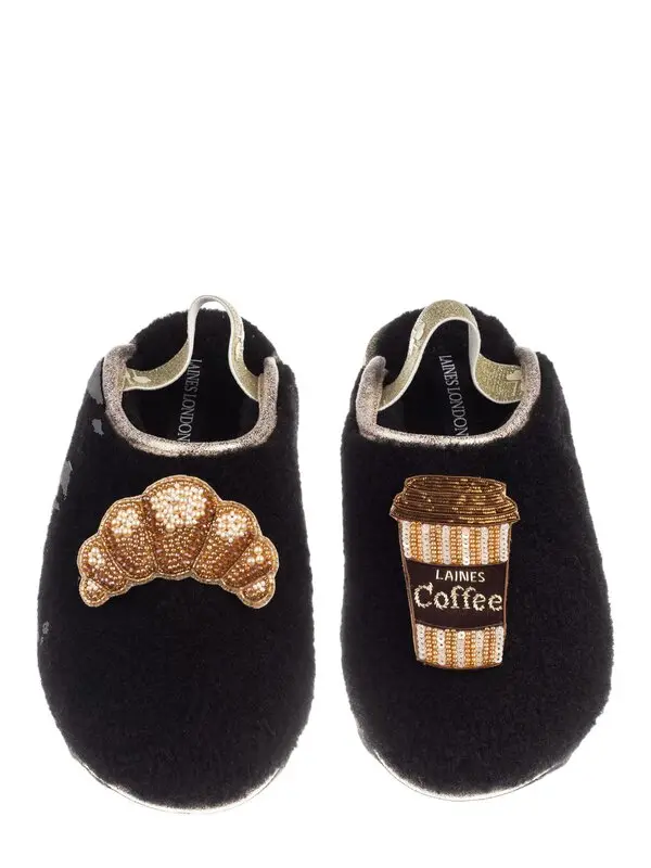LAINES LONDON Flatform Cloud Slippers With Brooches - Black/gold