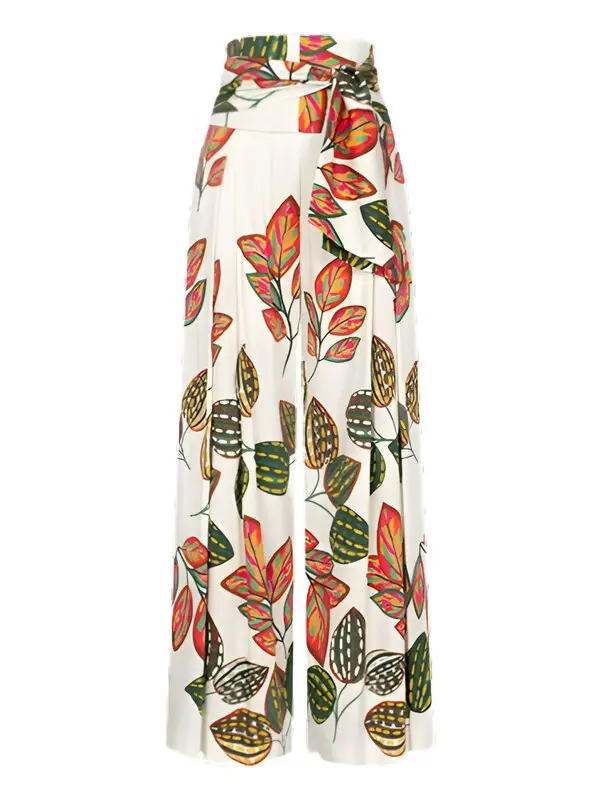MARIANNA DÉRI Leaf Print Palazzo Trousers With Tie Belt - White