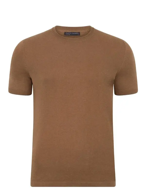 PAUL JAMES KNITWEAR Ultra-fine Cotton Hugo Knitted T-shirt Camel - Brown