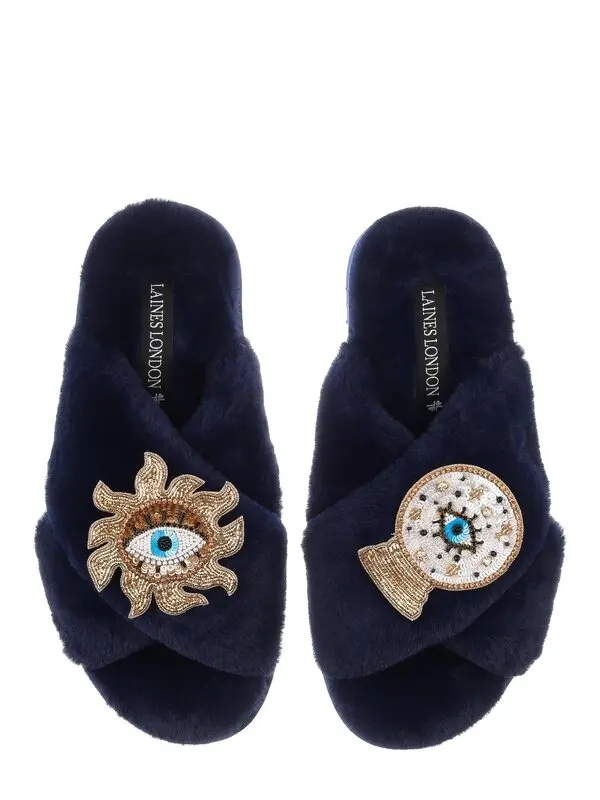 LAINES LONDON Classic Slippers With Mystic Eye Brooches - Blue