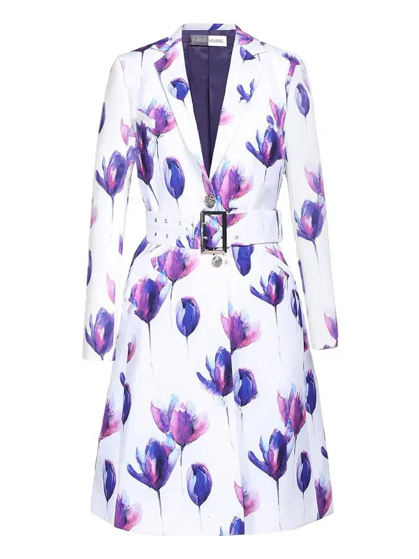 RICHA SHARMA Duchess Satin Long Coat With Floral Print - White