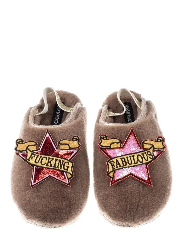 LAINES LONDON Fluffy Flatform Cloud Slippers With Brooches - Brown