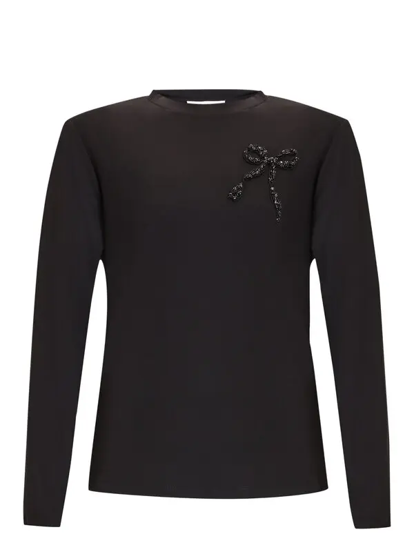 EXQUISE Crew Neck Embroidered Woven Blouse - Black
