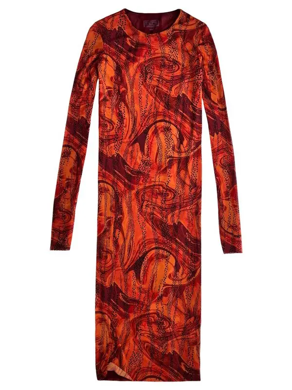 L2R THE LABEL Printed Reversible Mesh Dress - Brown/red
